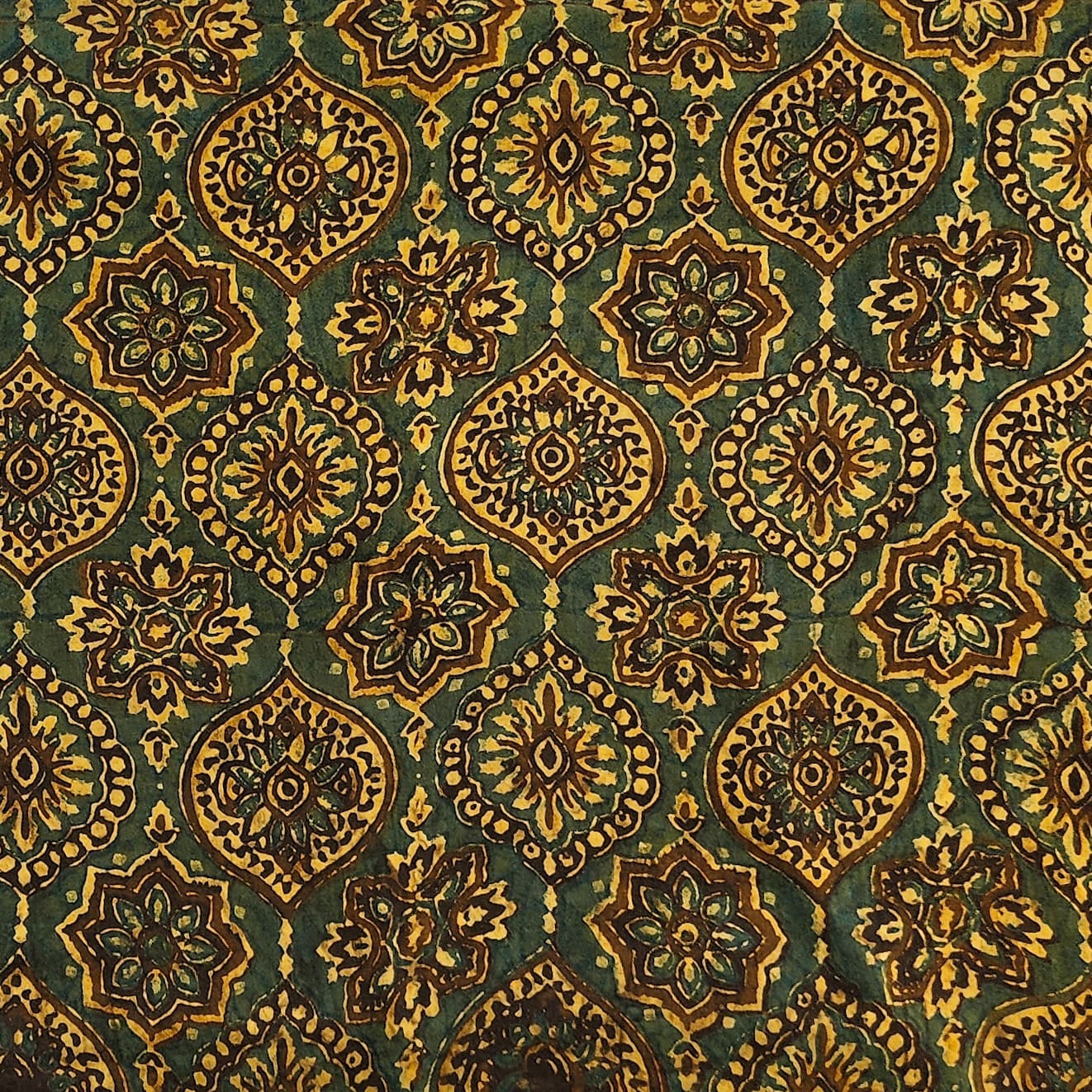 (Pre-Cut 1.55 Meter) Pure Cotton Double Ajrak Dark Green With Yellow I – Sanskruti