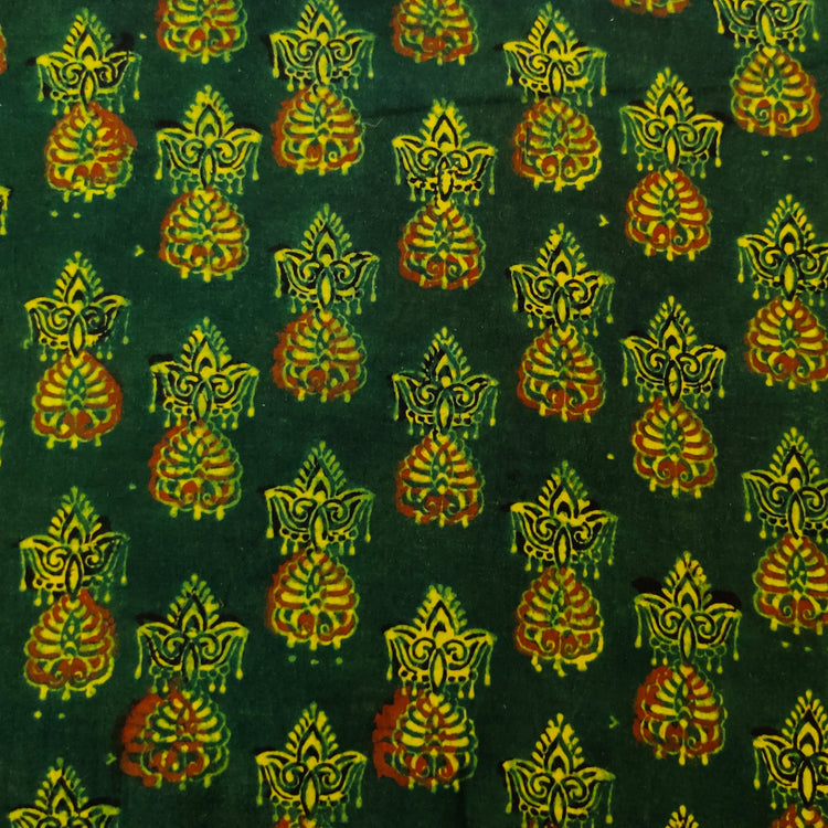(PRE-CUT 1.50 METER) Pure Cotton Ajrak Green With Mehendi Art Hand Blo ...