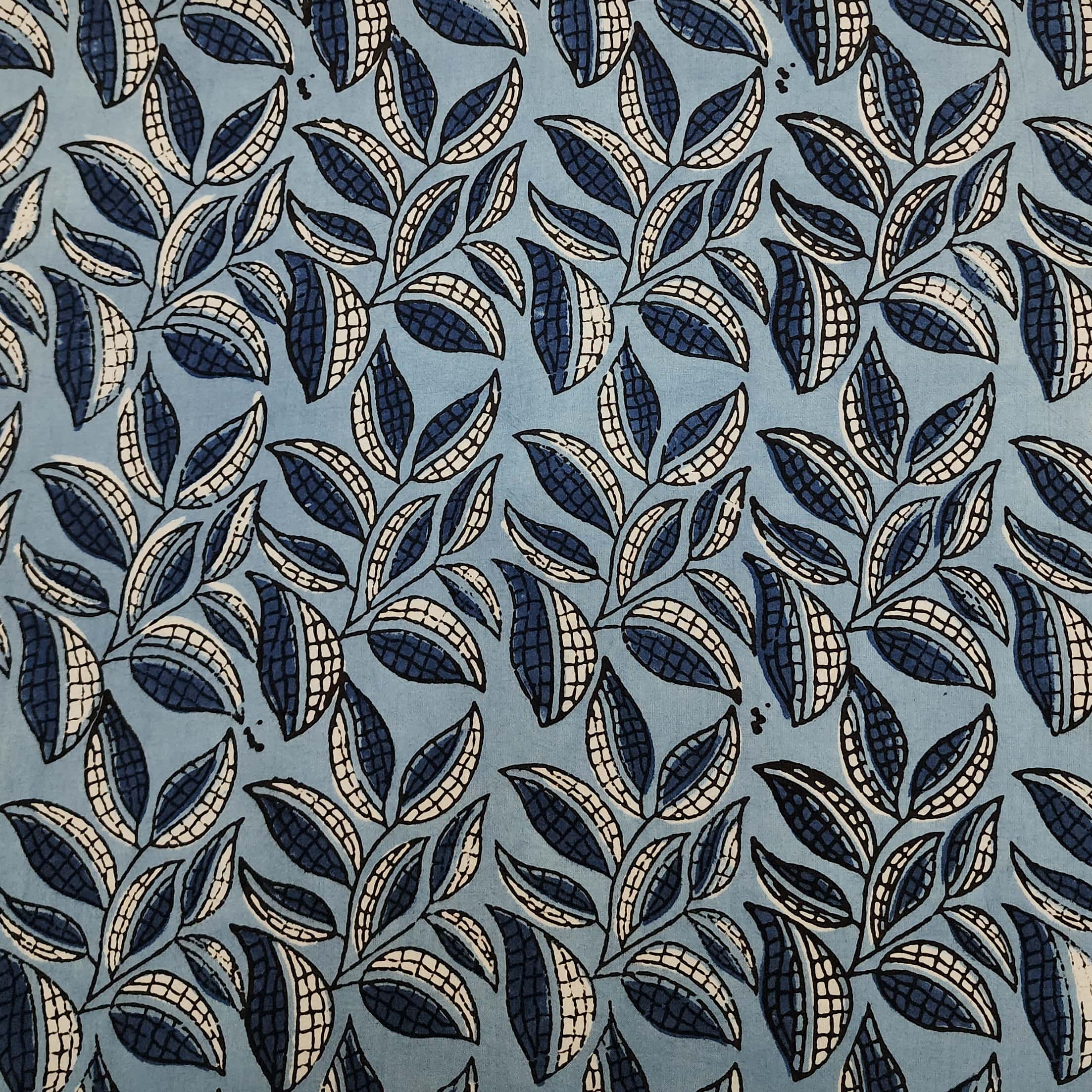 Pure Cotton Ajrak Light Blue With Dark Blue And Cream Leaves Jaal Hand ...