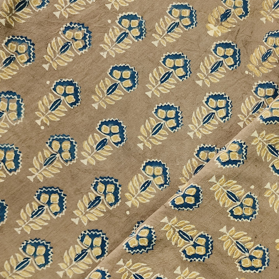 Pure Cotton Ajrak Light Brown With Blue Flower Motif Hand Block Print – Sanskruti