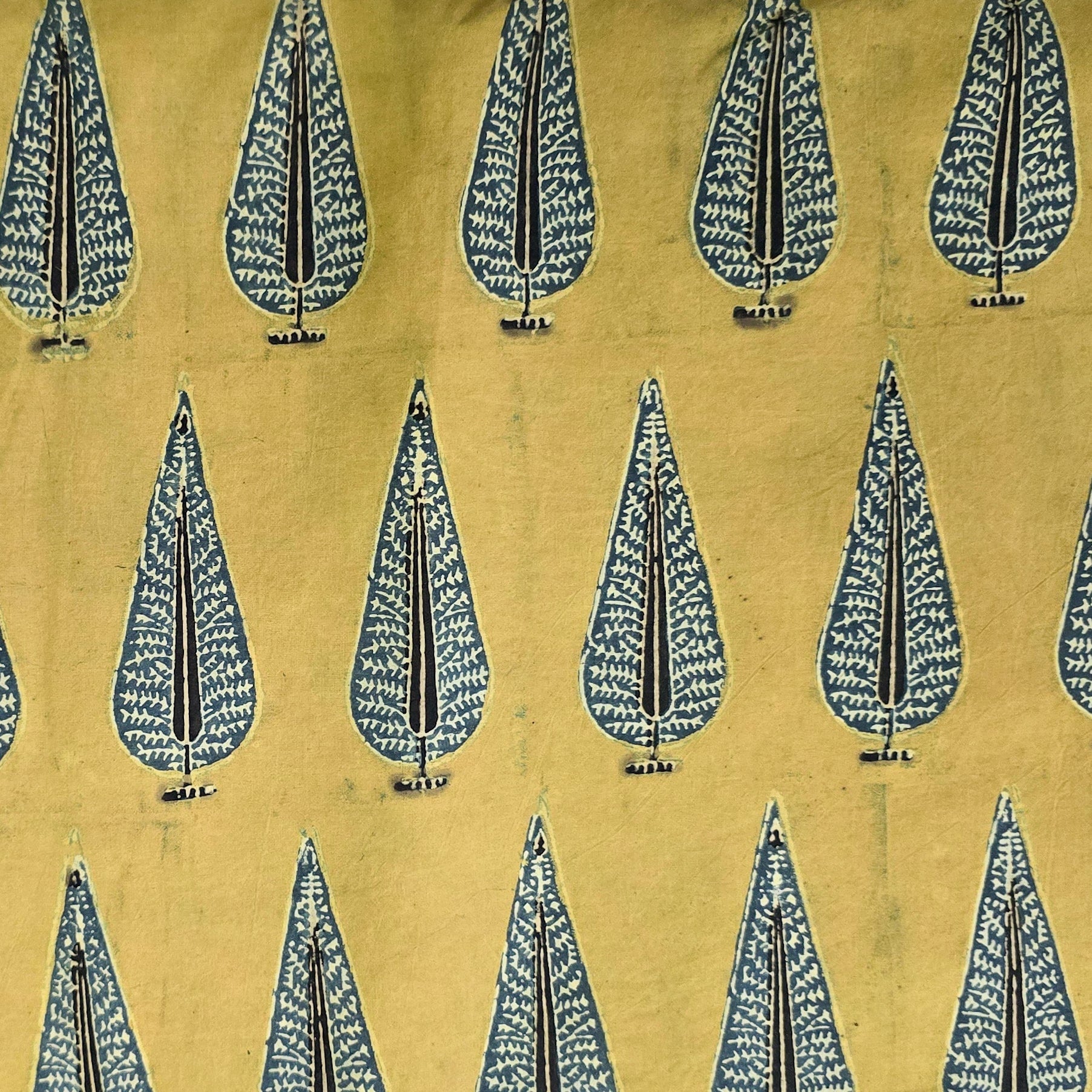 Pure Cotton Ajrak Mustard With Blue Big Leaves Motif Hand Block Print ...