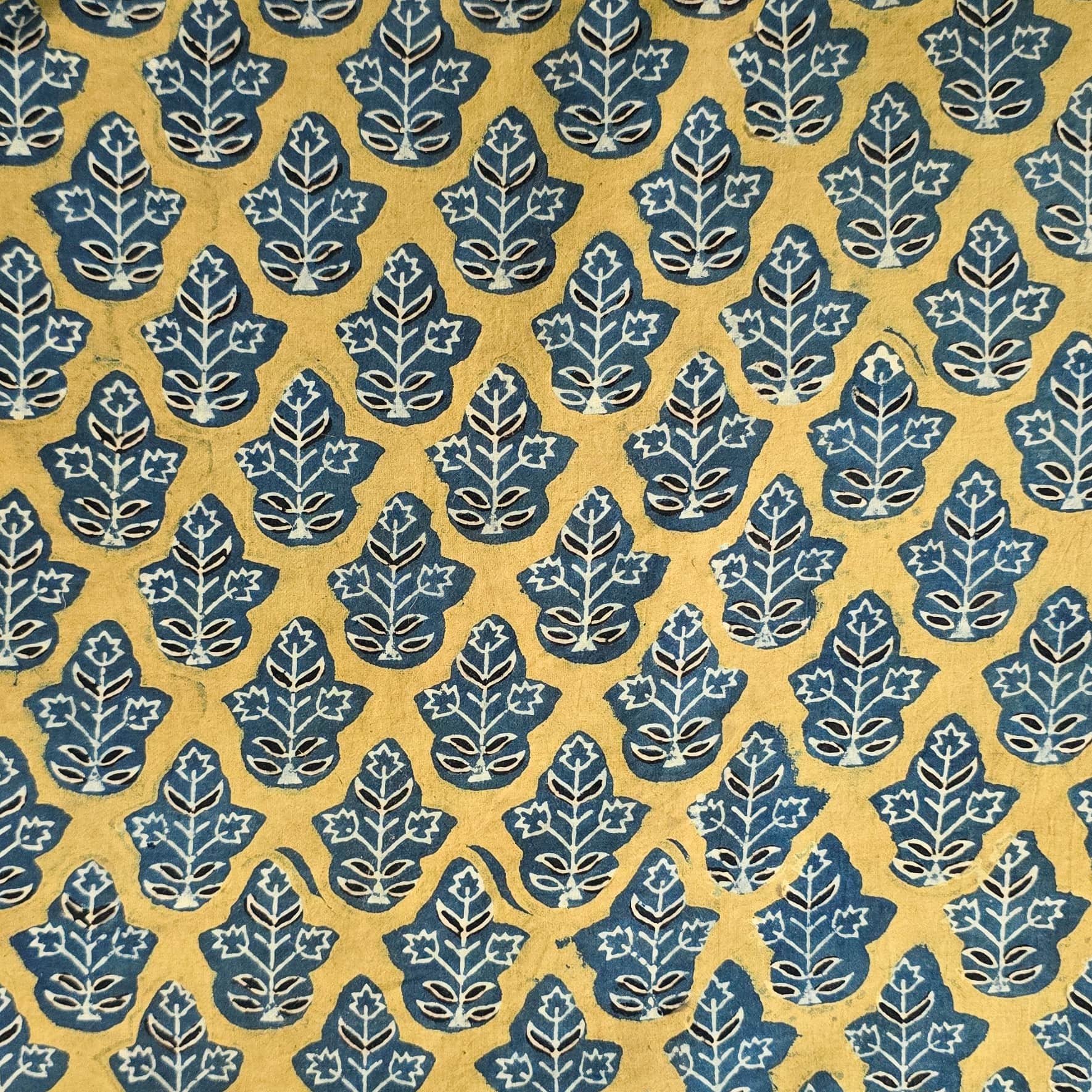 Pure Cotton Ajrak Mustard With Blue Leaves Motif Hand Block Print Fabr ...