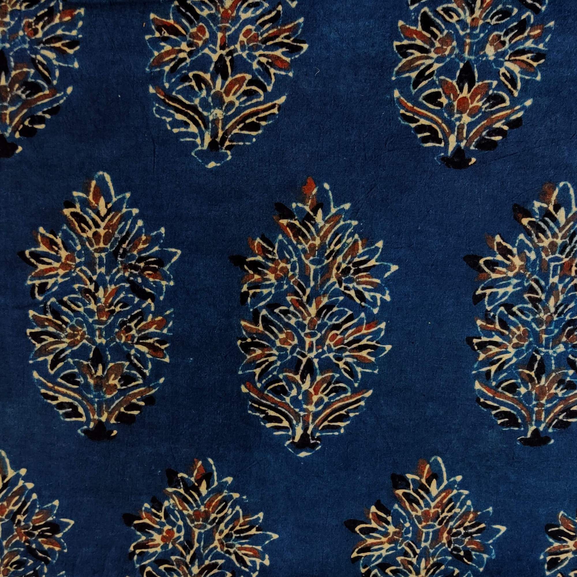 (PRE-CUT 1.15 METER) Pure Cotton Ajrak Persian Blue With Bloomed Plant – Sanskruti
