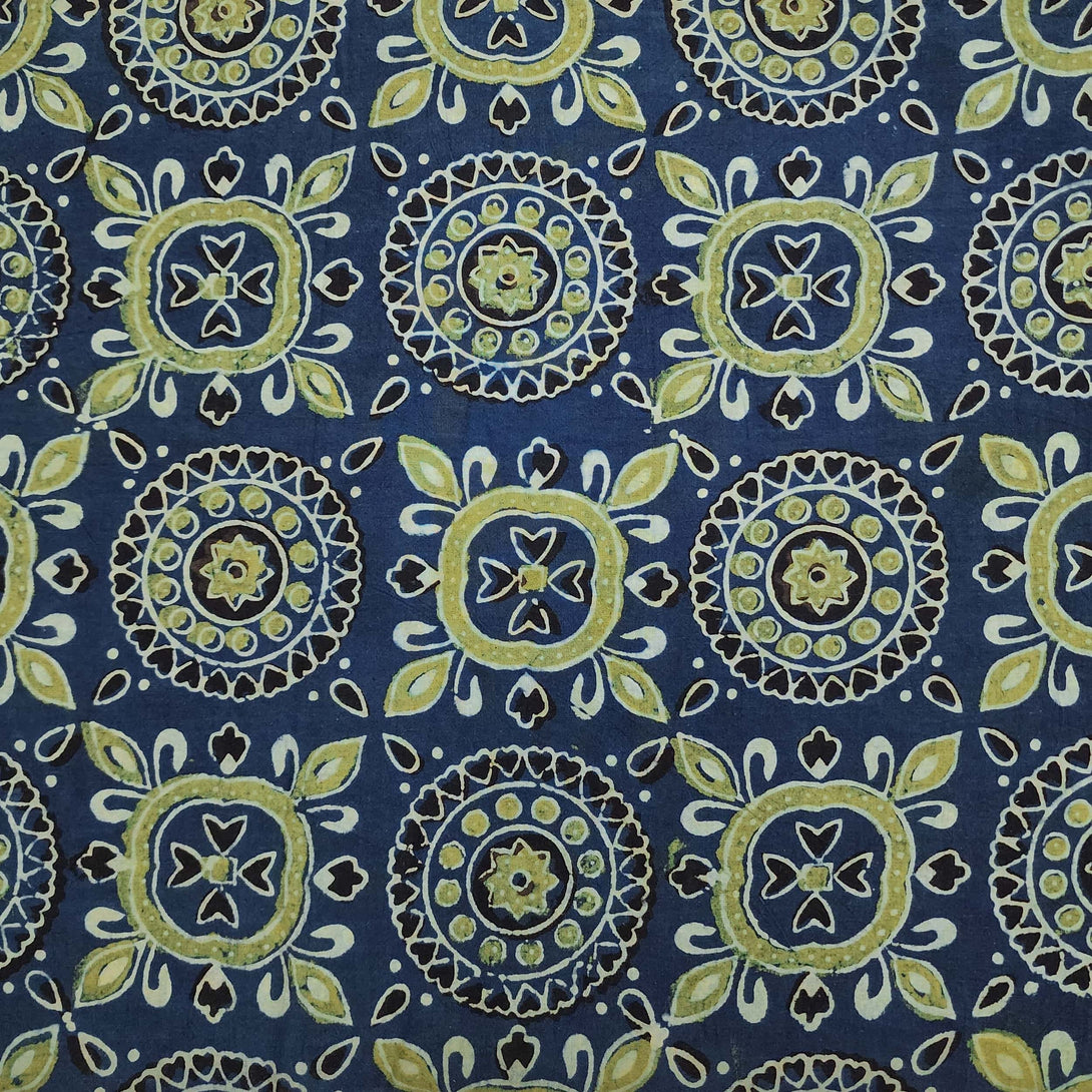 (Pre Cut 0.90 Meter )Pure Cotton Ajrak Persian Blue With Chakra And Fl – Sanskruti