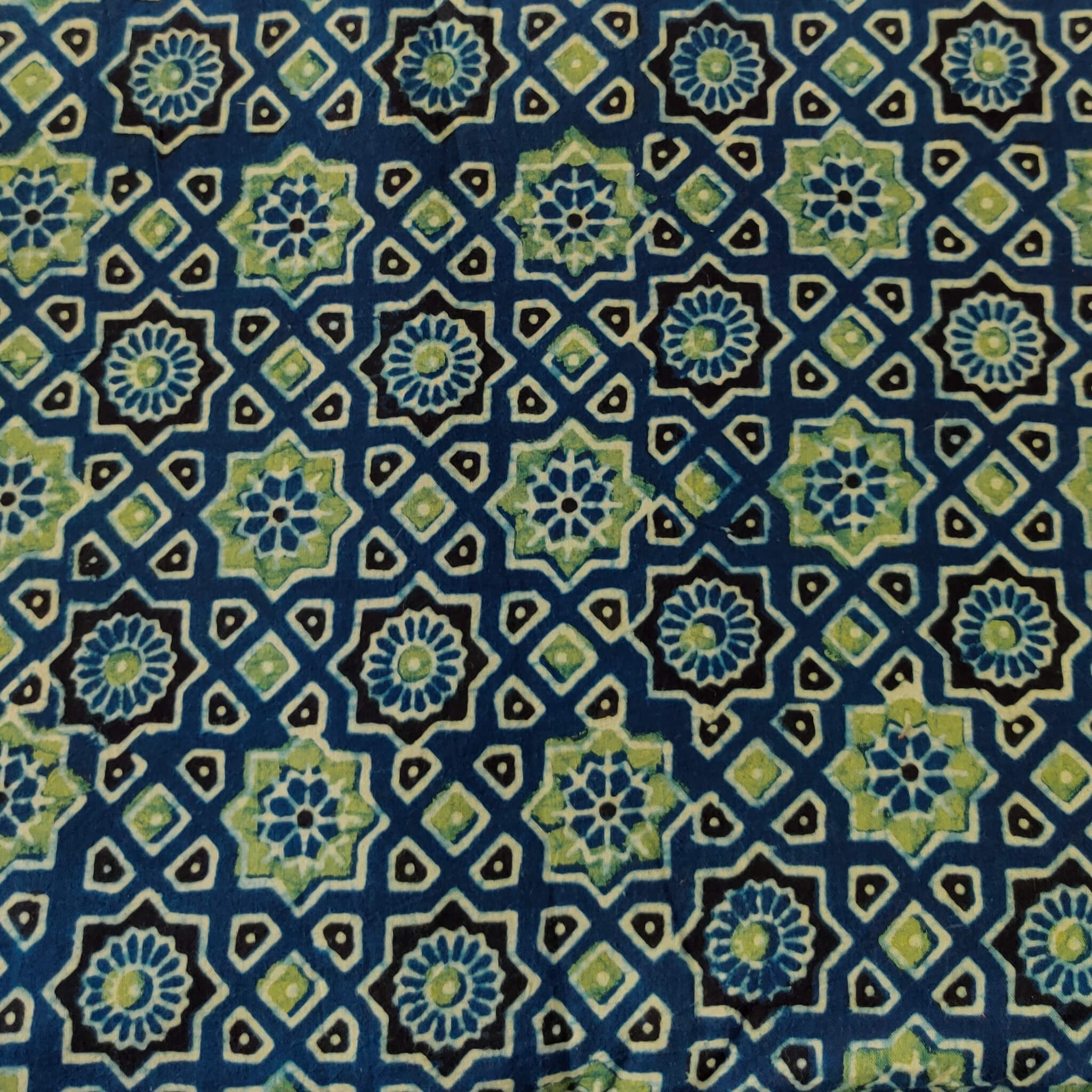 ( Pre-Cut 1.95 Meter ) Pure Cotton Ajrak Persian Blue With Green And W – Sanskruti