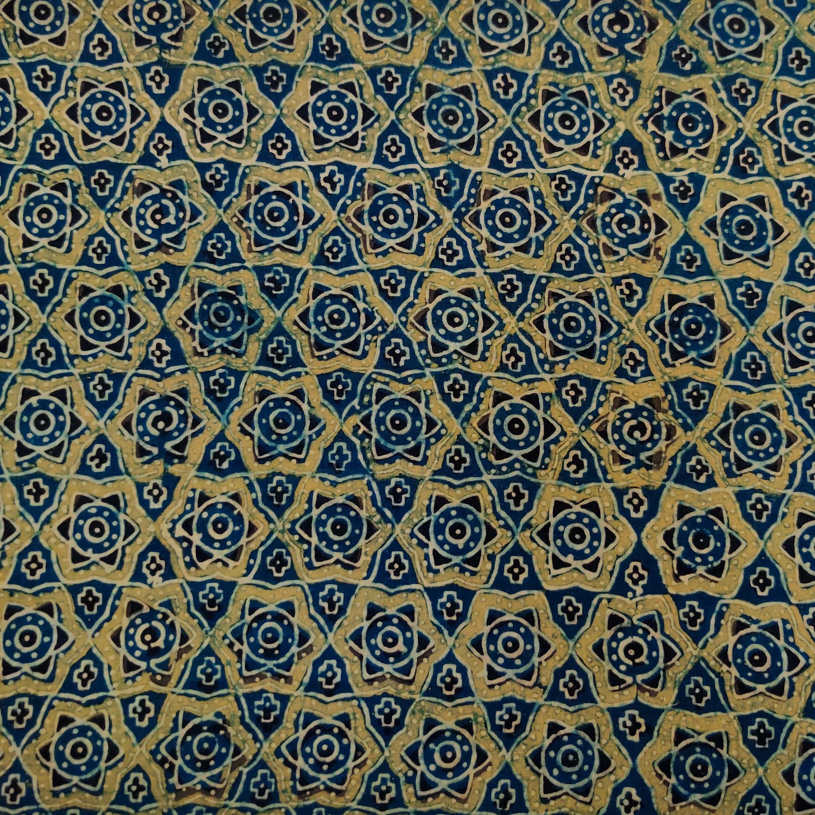 Pre-Cut 0.90 Meter Pure Cotton Ajrak Persian Blue With Green Stars Han – Sanskruti