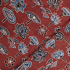 Pure Cotton Ajrak Red With Blue Different Flower In Pond Grass Flower – Sanskruti