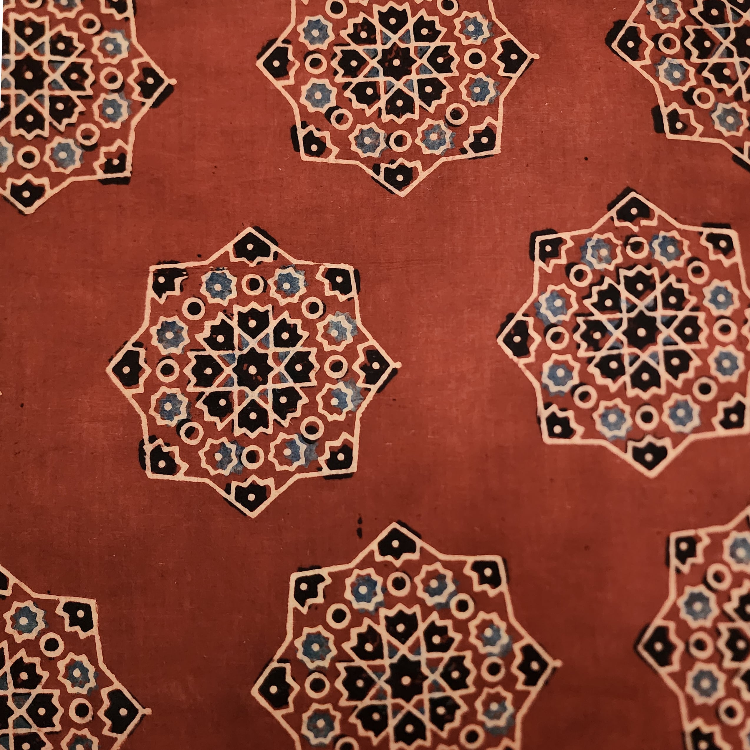 Pure Cotton Ajrak Red With Light Blue With Black Big Flower Intricate ...