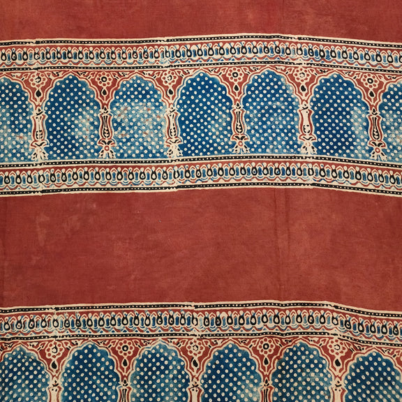 Pure Cotton Ajrak Cream With Rust Blue Big Border Intricate Design Han – Sanskruti