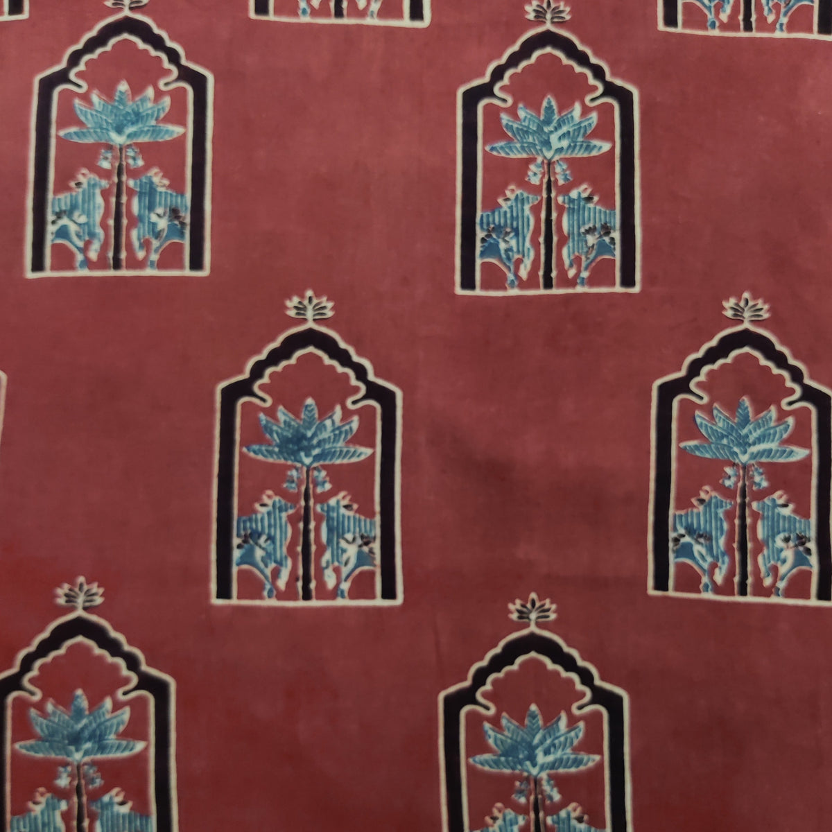 ( Pre-Cut 1.40 Meter ) Pure Cotton Ajrak Rust And Blue Big Window With - Sanskruti
