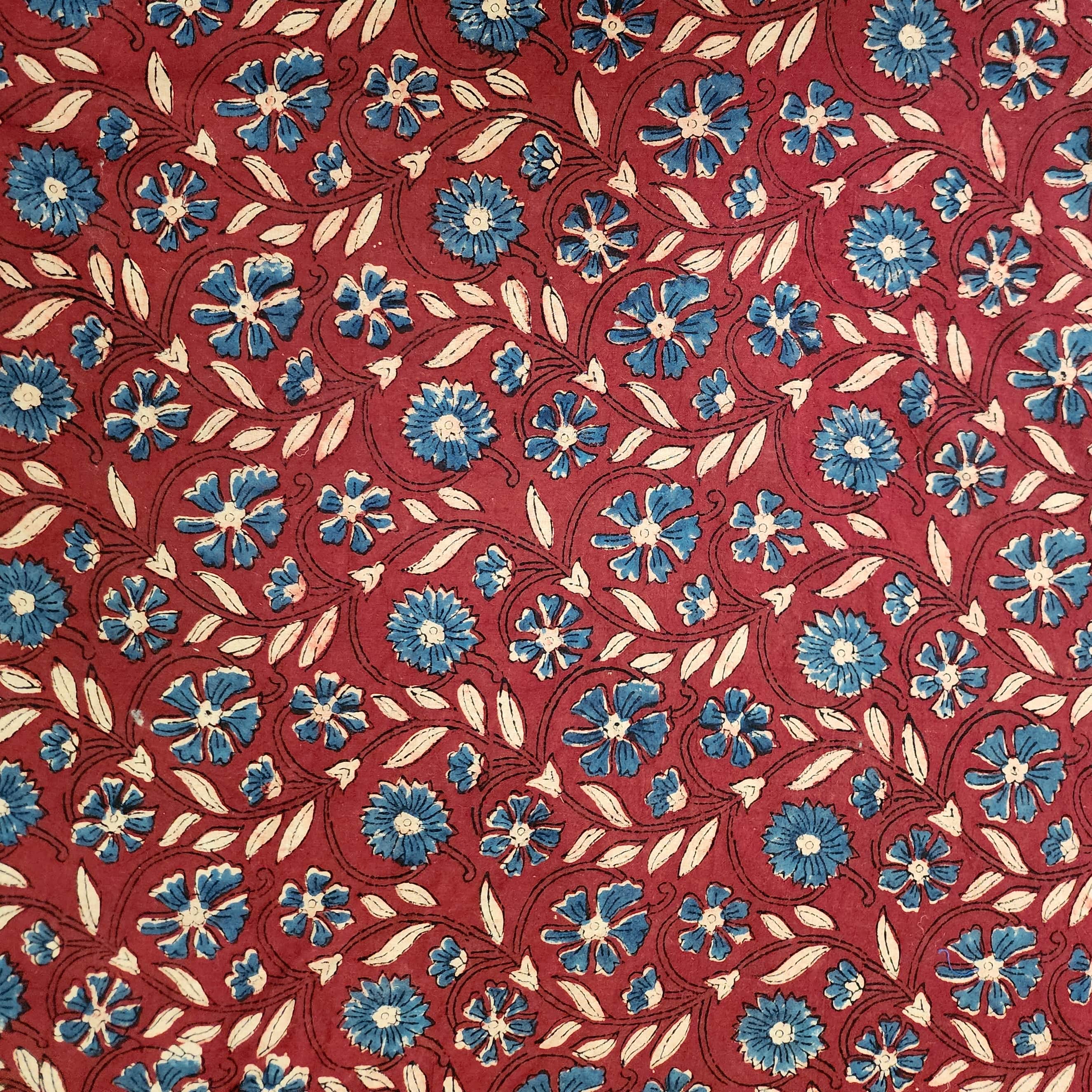 ( Pre-Cut 2.55 Meter ) Pure Cotton Ajrak Rust And Cream And Blue Flowe – Sanskruti
