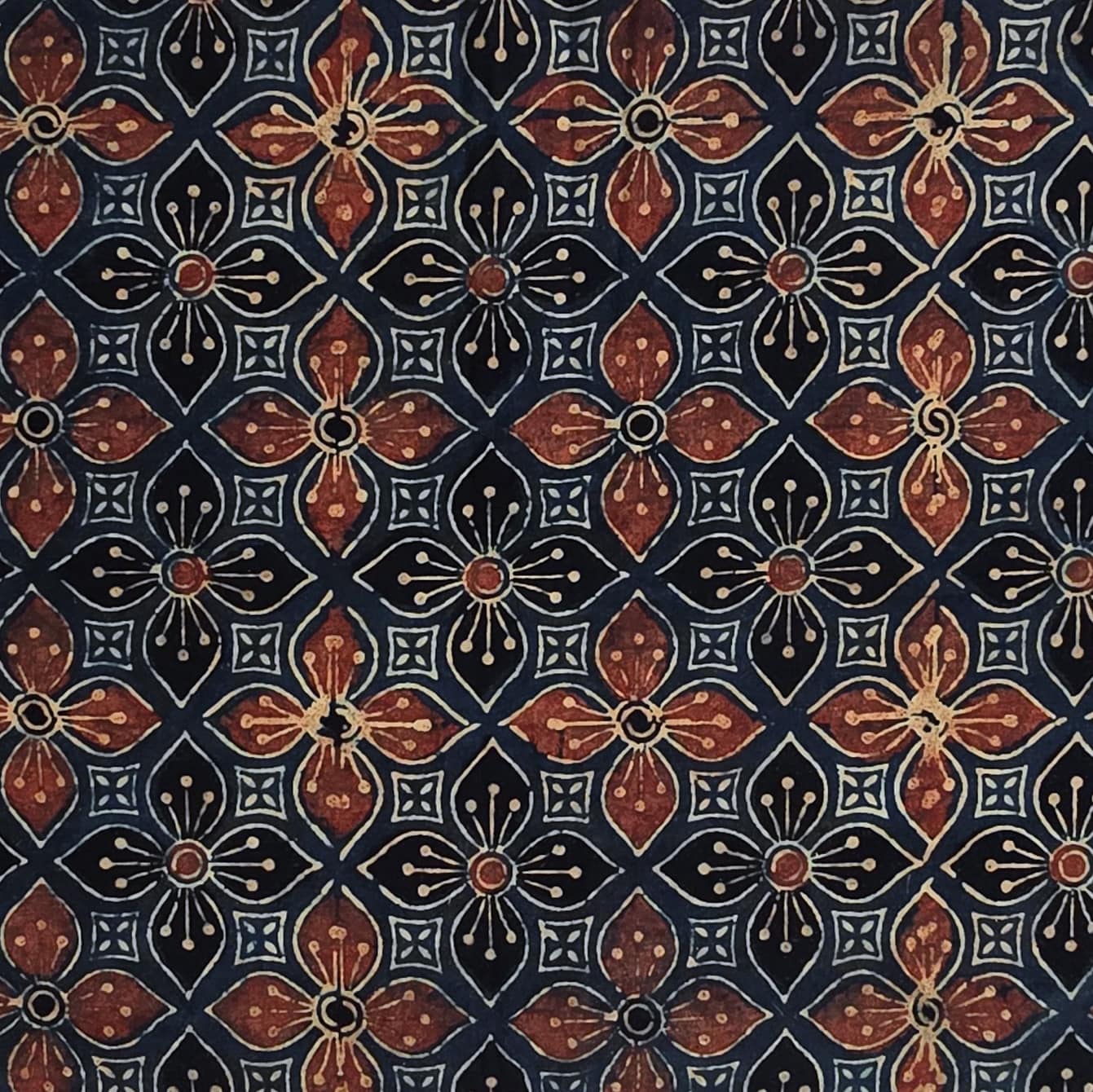 Pure Cotton Ajrak Rust Blue And Rust Red Flower Geomtrical Design Hand – Sanskruti