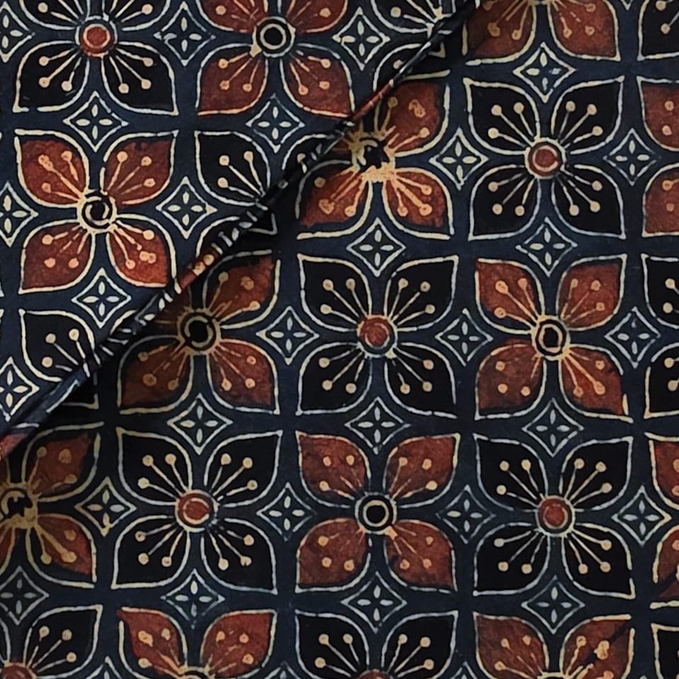 Pure Cotton Ajrak Rust Blue And Rust Red Flower Geomtrical Design Hand ...