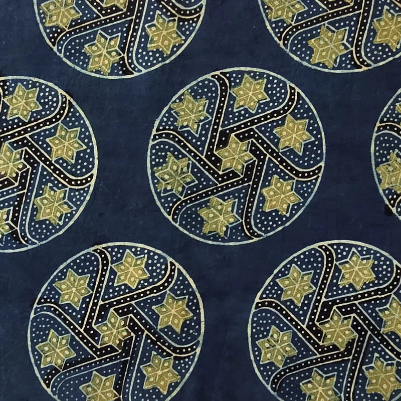 (Pre-Cut 1.40 Meter) Pure Cotton Ajrak Persian Blue With Big Chakra Ha – Sanskruti