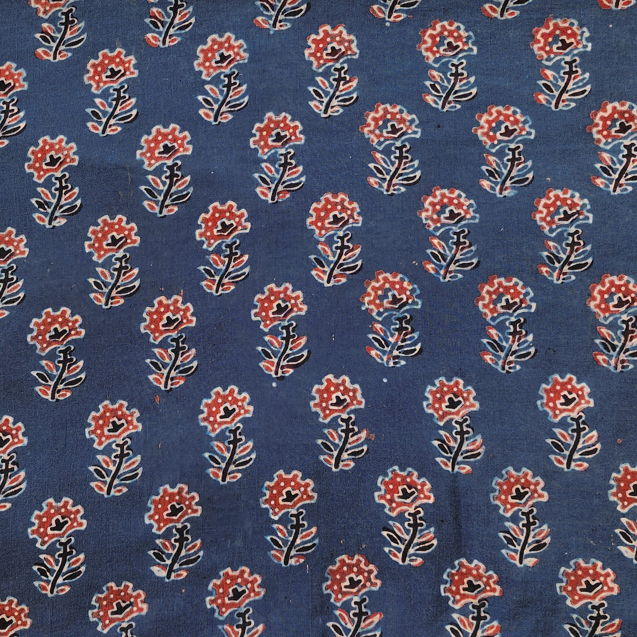 Pure Cotton Ajrak Rust Blue With Red Flower Motif Hand Block Print Fab ...