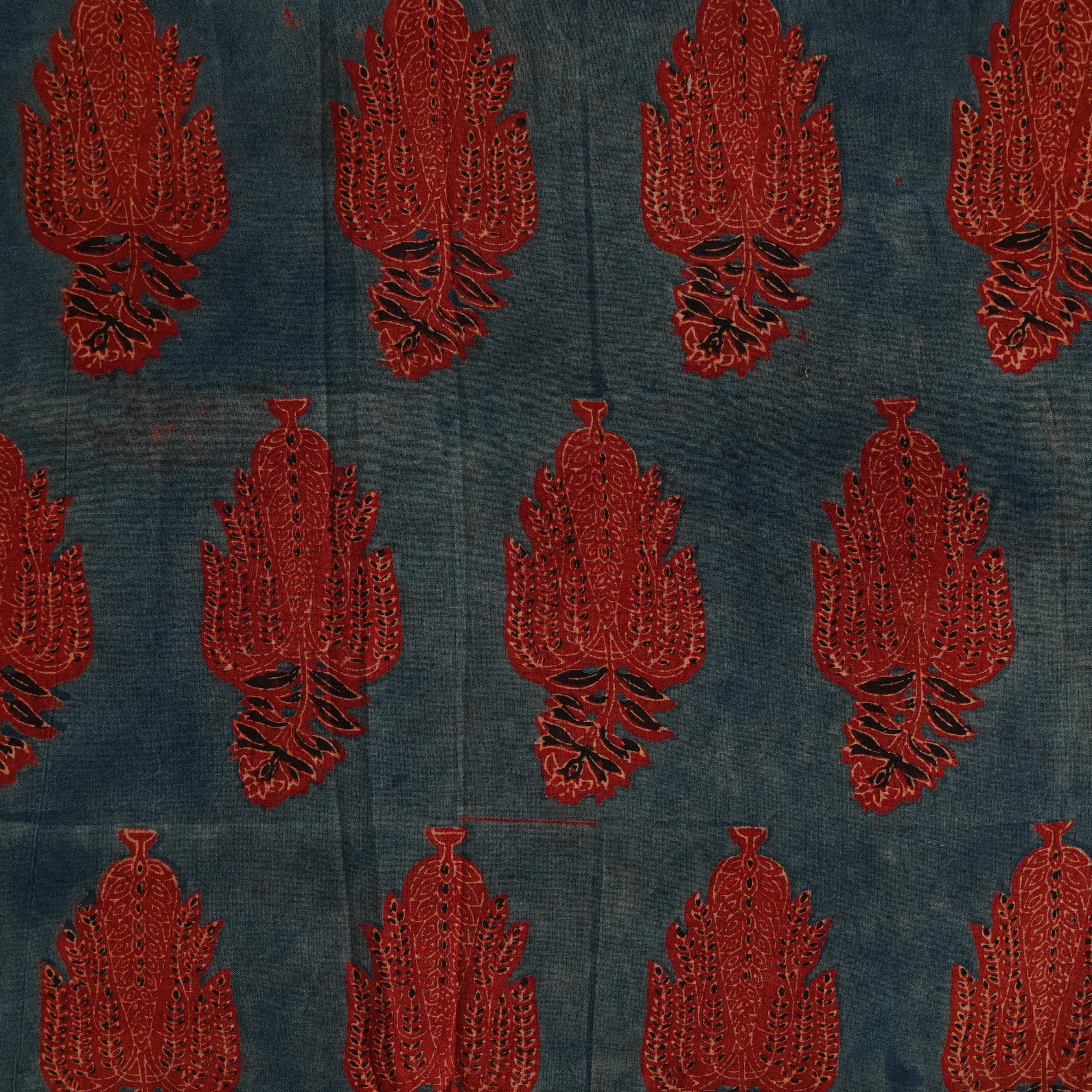 Pure Cotton Ajrak Rust Blue With Rust Red Flower Motif Hand Block Prin ...