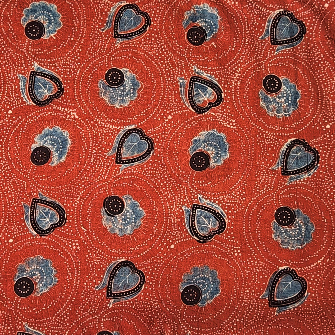 (PRE-CUT 2 METER) Pure Cotton Ajrak Rust Red And Blue Heart Flower Jaa ...