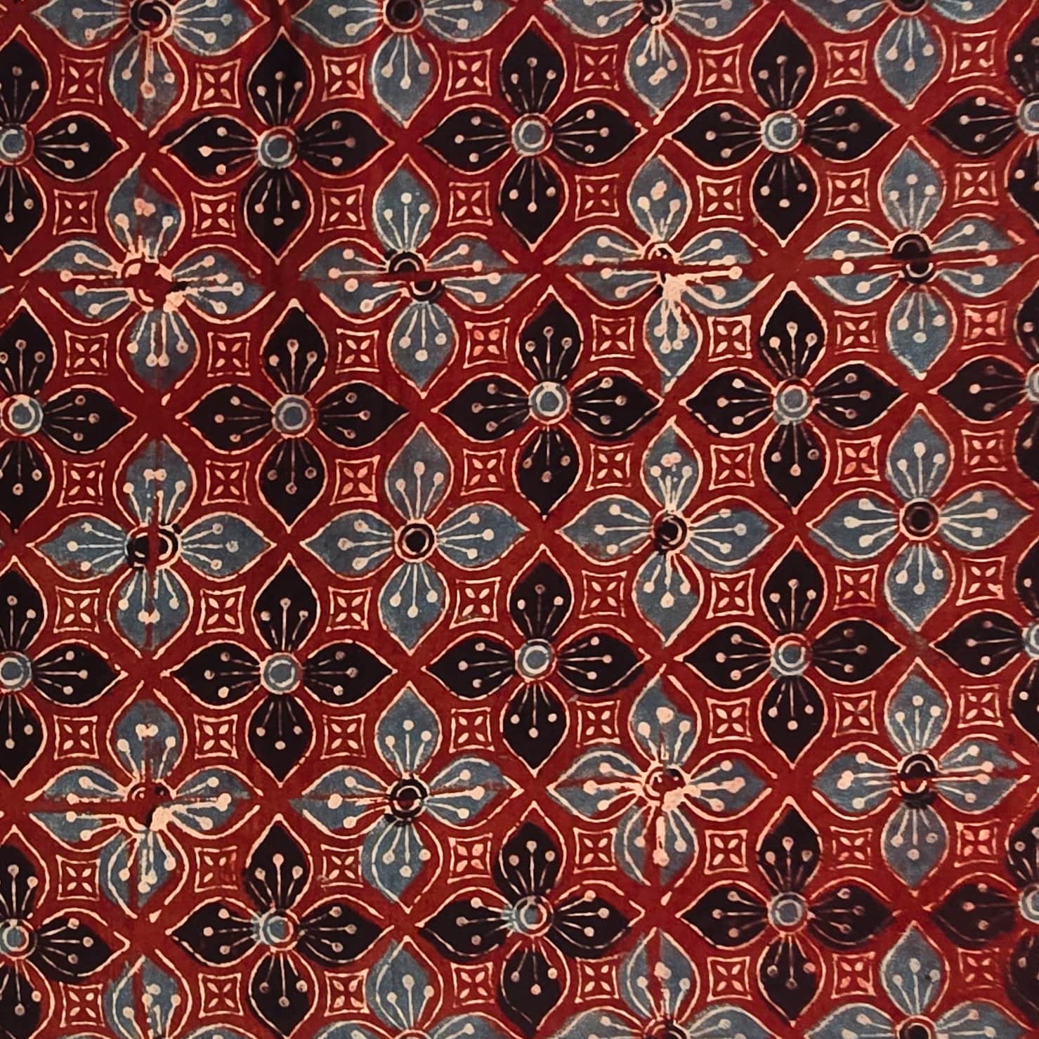 Pure Cotton Ajrak Rust Red And Rust Blue And Black Flower Geomtrical D – Sanskruti