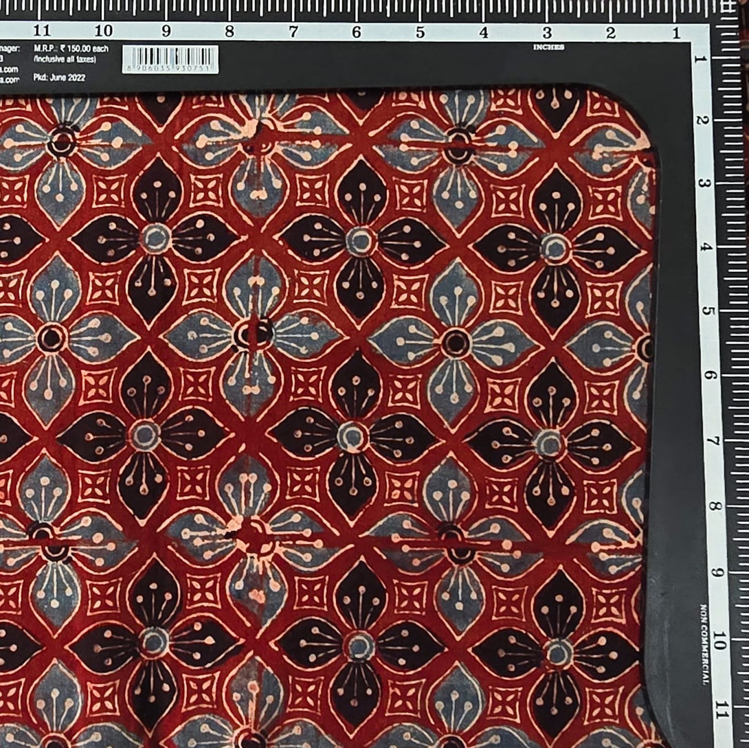 Pure Cotton Ajrak Rust Red And Rust Blue And Black Flower Geomtrical D – Sanskruti