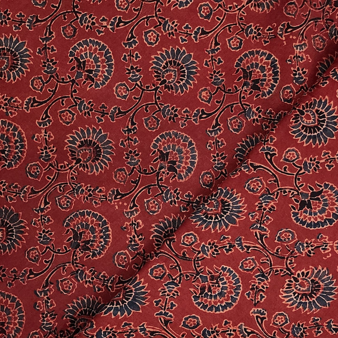 Pure Cotton Ajrak Rust Red Blue Flower Jaal Hand Block Print – Sanskruti