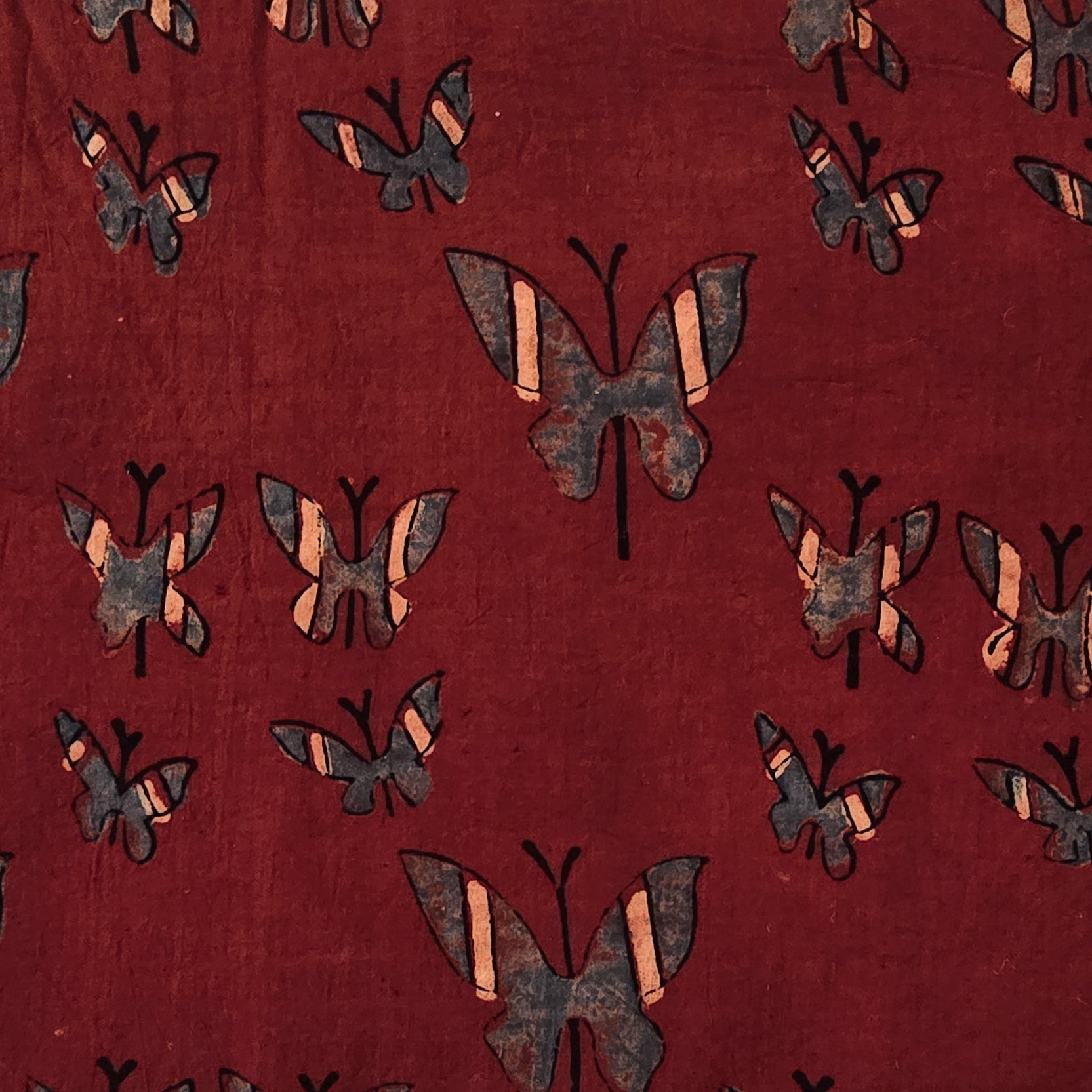 Pure Cotton Ajrak Rust Red With Blue Butterfly Motif Hand Block Print ...