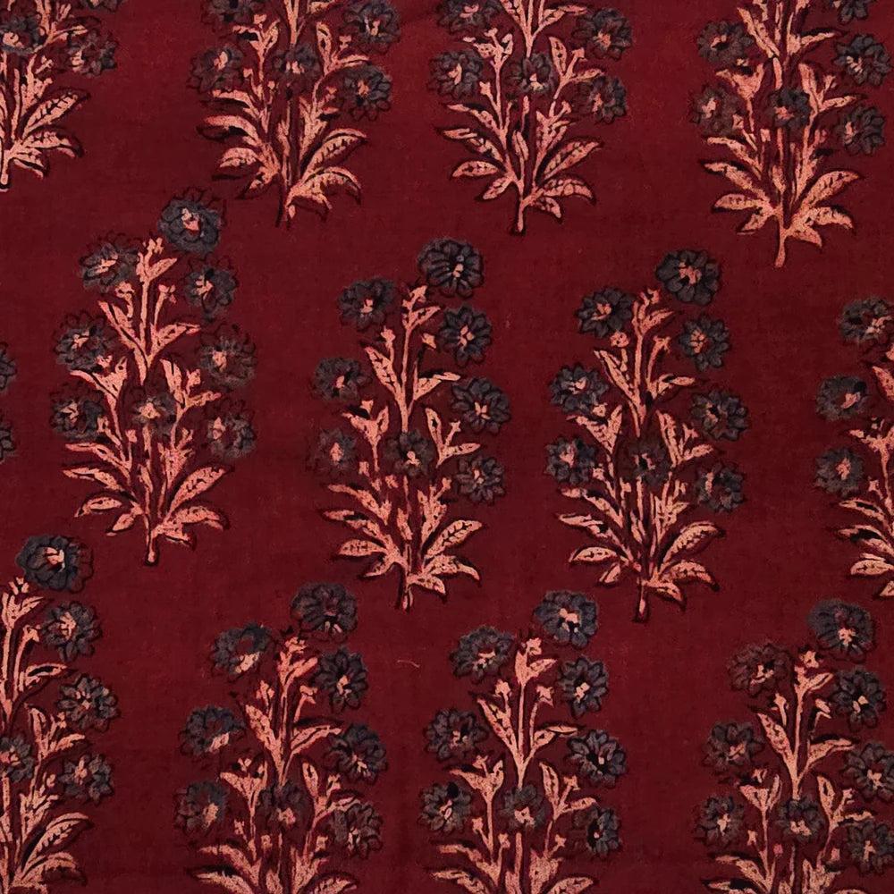 ( PRE-CUT 1 METER ) Pure Cotton Ajrak Rust Red With Blue Flower Plant – Sanskruti