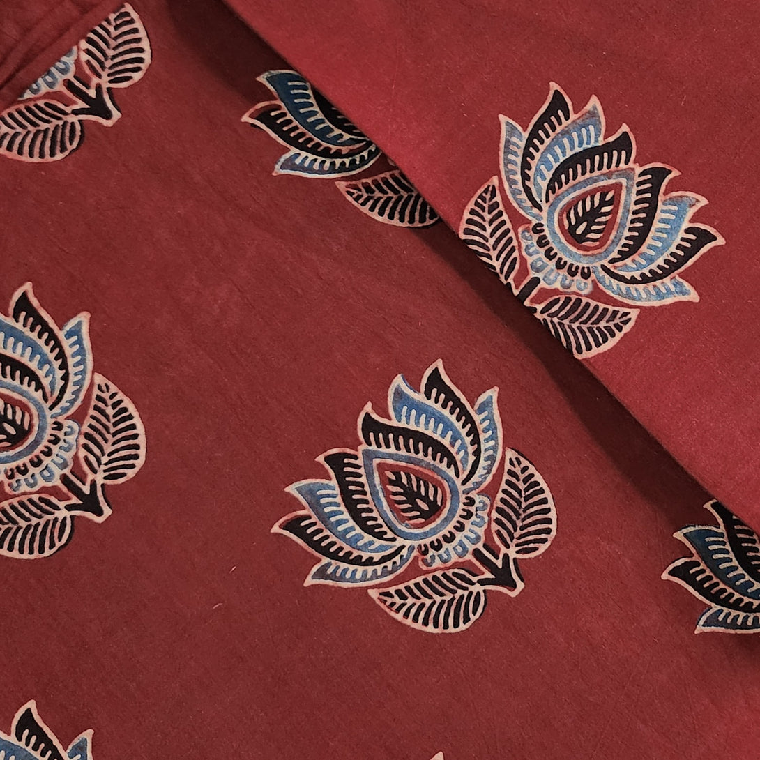 Pure Cotton Ajrak Rust Red With Blue Lotus Flower Motif Hand Block Pri ...