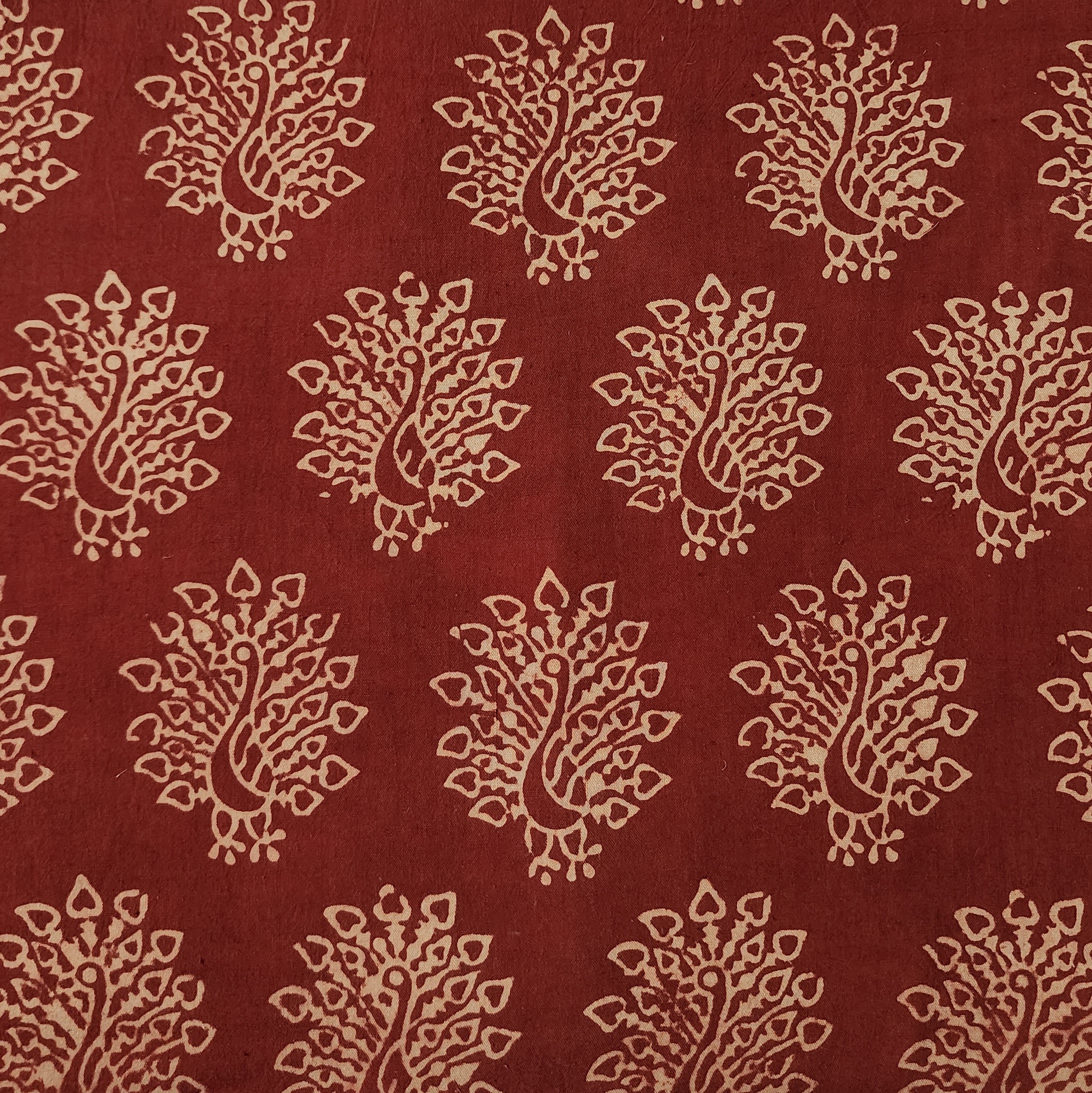 Pure Cotton Ajrak Rust Red With Cream And Peacock Motif Hand Block Pri ...