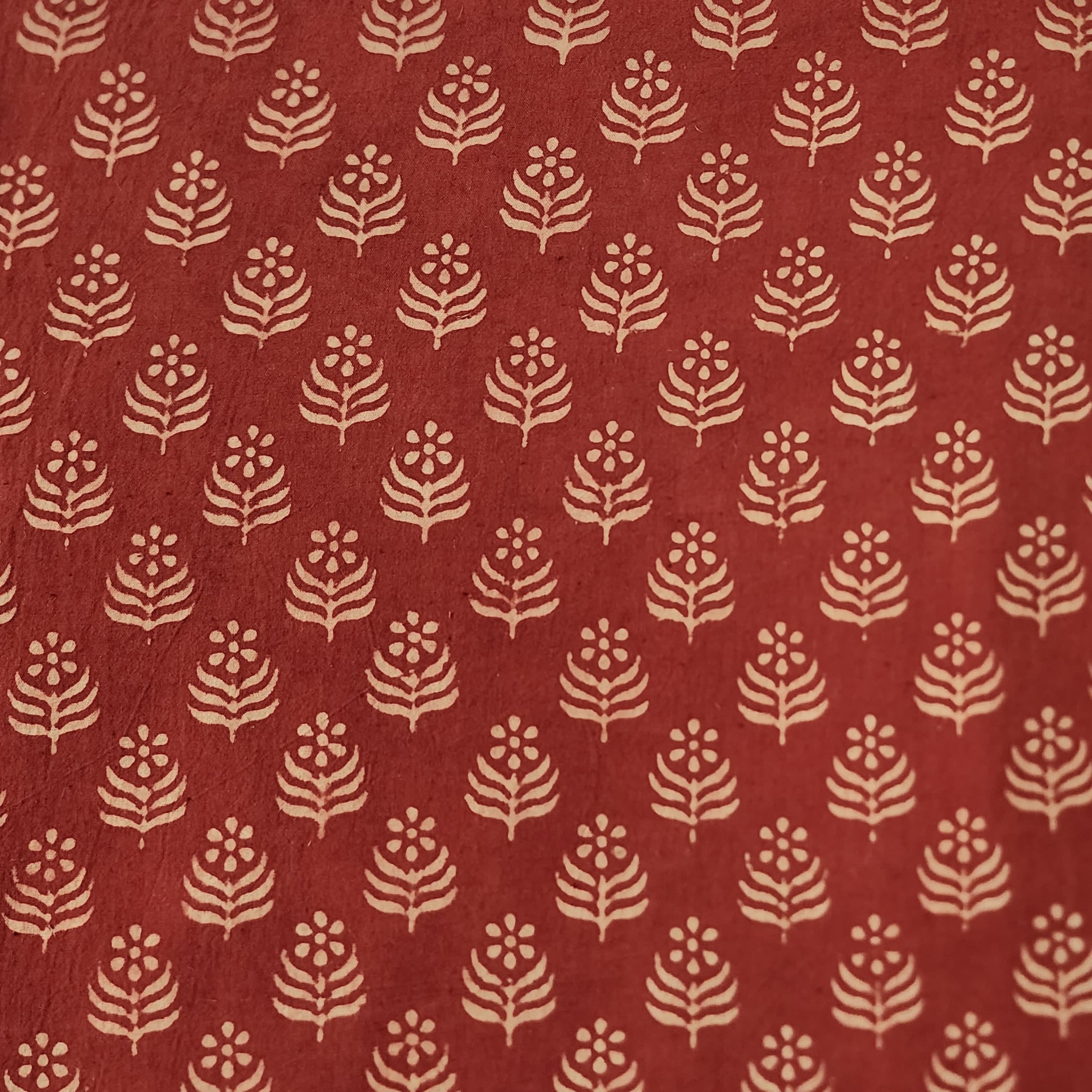 Pure Cotton Ajrak Rust Red With Cream And Single Flower Plant Motif Ha ...