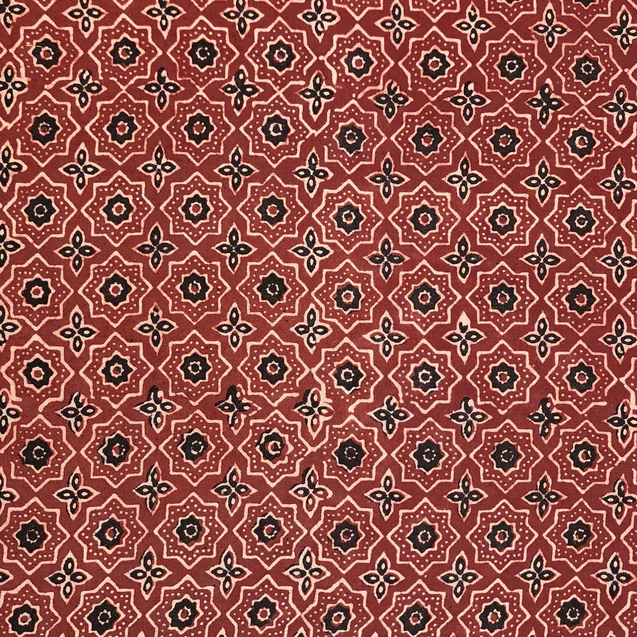 ( Pre-Cut 1.80 Meter ) Pure Cotton Ajrak Rust With Black Star All Over – Sanskruti