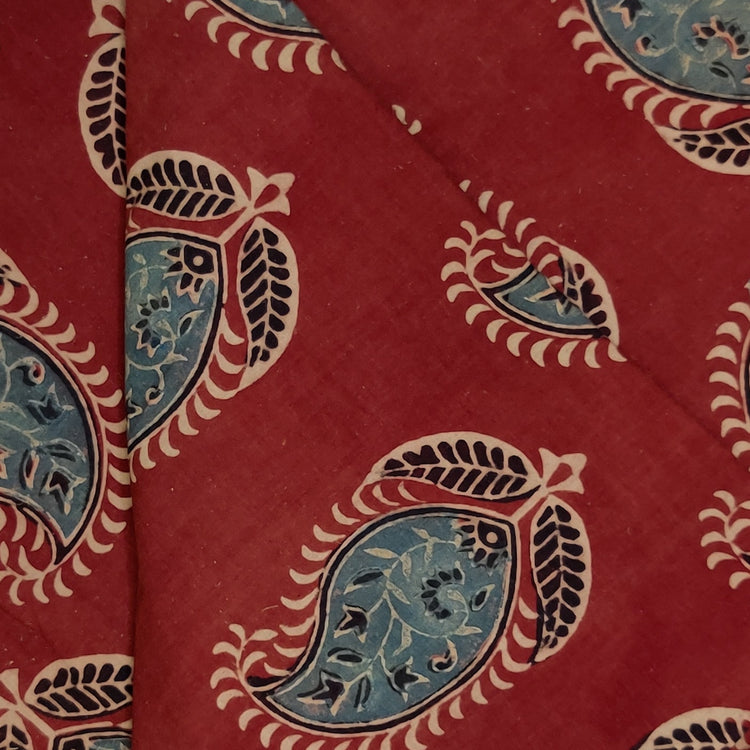 (Pre-Cut 2.40 Meter ) Pure Cotton Ajrak Rust With Blue Cream Kairi Han – Sanskruti