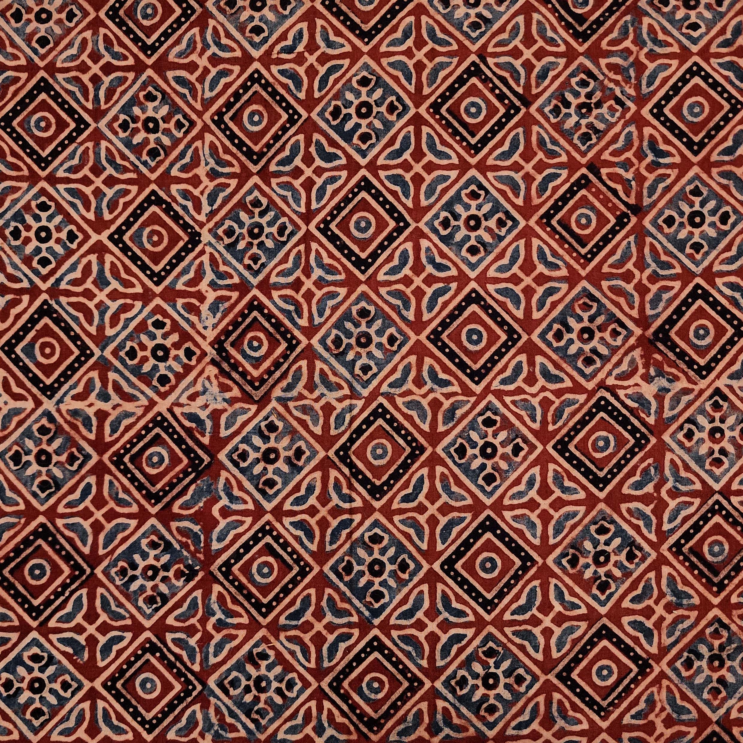 Pre-cut 0.95 meter Pure Cotton Ajrak Rust With Squares And Flowers Che – Sanskruti