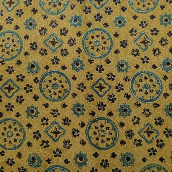 (PRE-CUT 2 METER) Pure Cotton Ajrak Sandy Yellow With Persian Star Cir ...