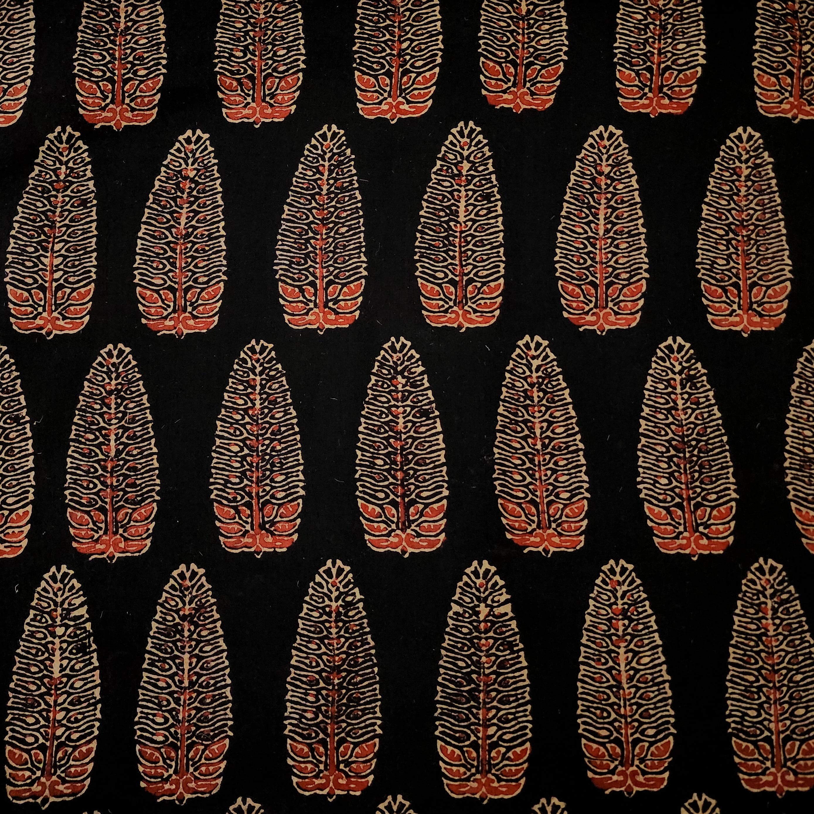 Pure Cotton Vegetable Dyed Ajrak Black With Cream Rust Leaves Motif Ha ...