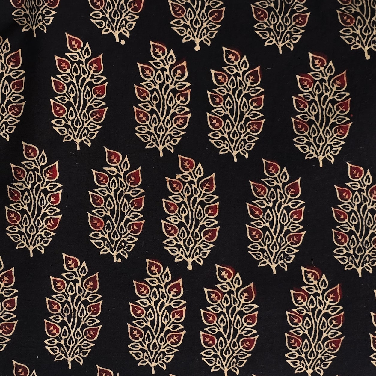 Pure Cotton Ajrak Vegetable Dyed Black With Red And Cream Flower Plant – Sanskruti