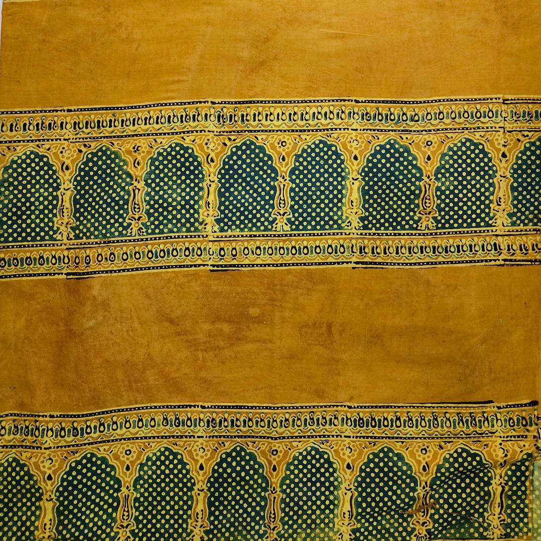 (PRE-CUT 1 METER) Pure Cotton Ajrak Yellow With Rust Green Big Border ...