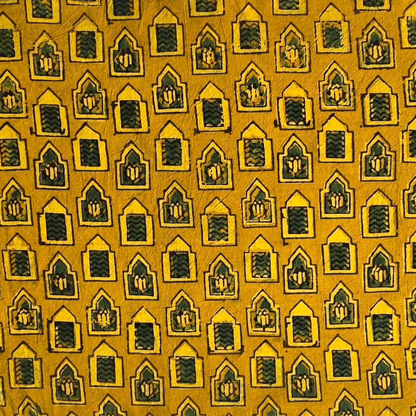 (PRE CUT 2.25 METER )Pure Cotton Ajrak Yellow With Rust Green Small Ma – Sanskruti