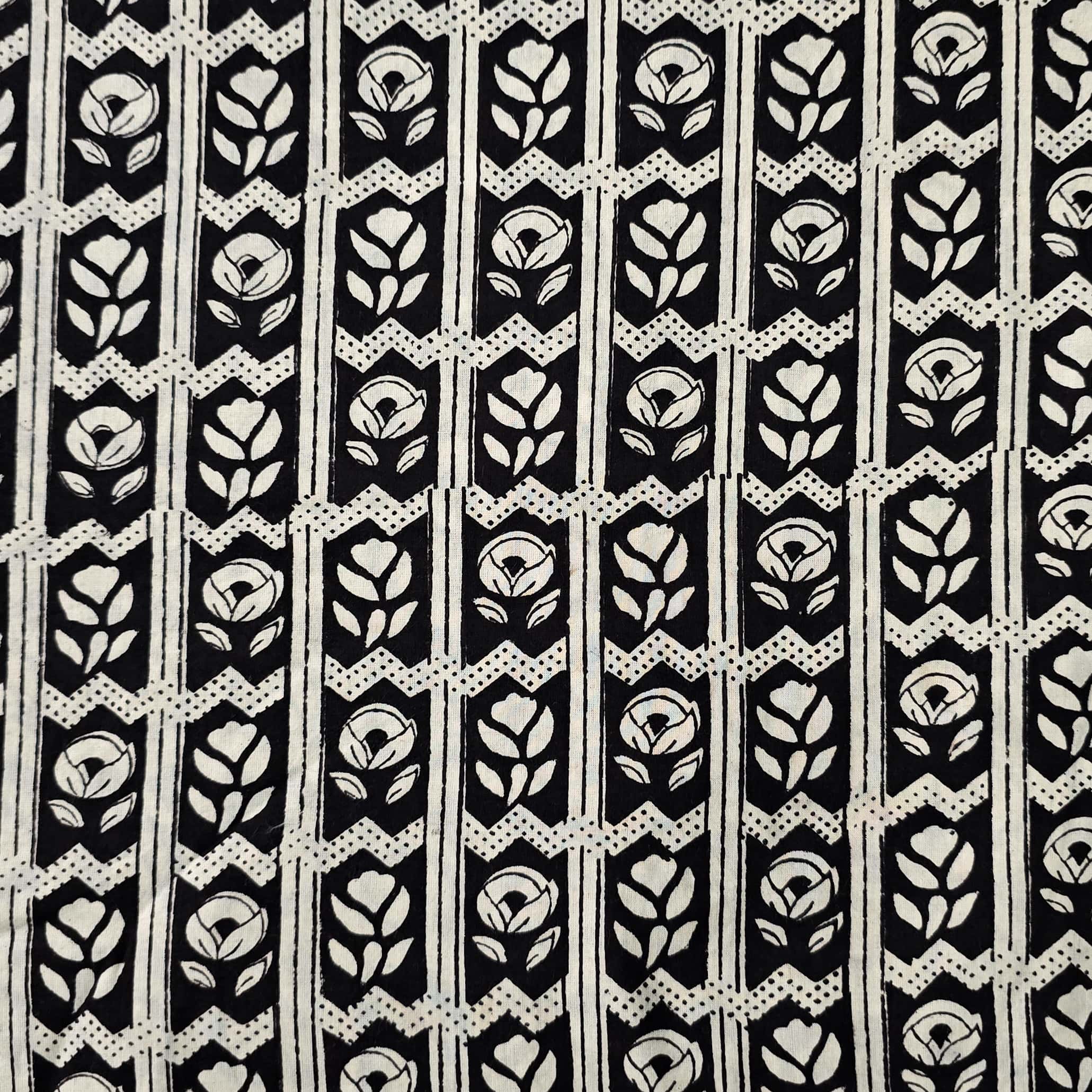 Pure Cotton Bagru Black And Cream Flower Creeper Hand Block Print Fabr ...