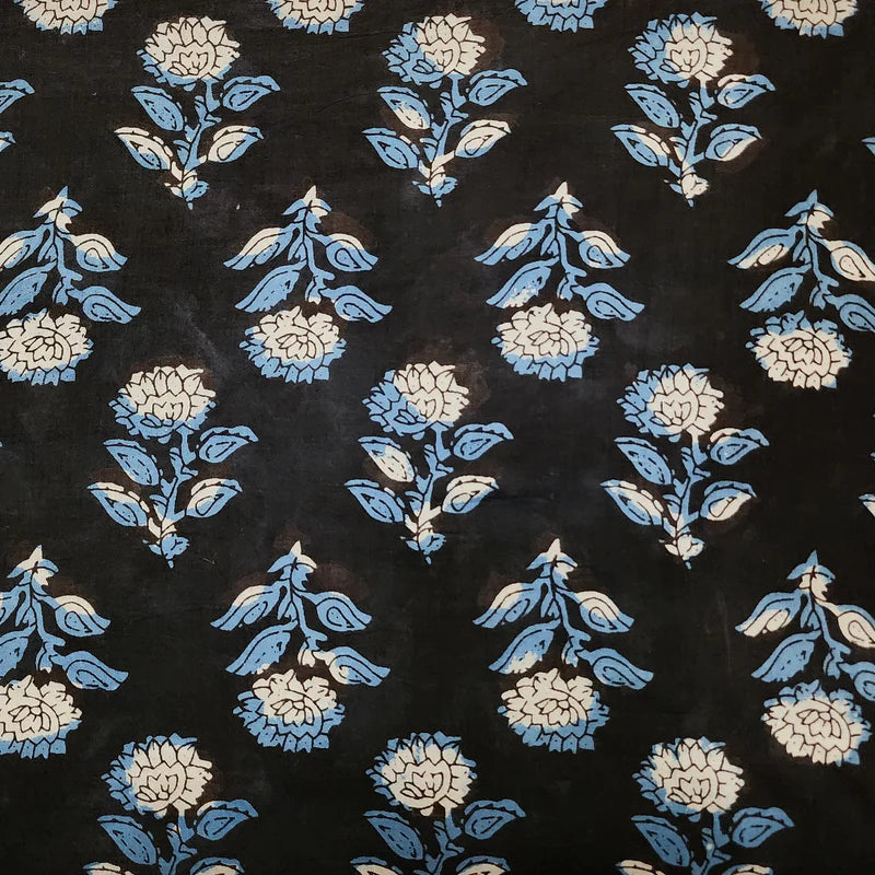 (Pre-Cut 1.40 Meter) Pure Cotton Bagru Black With Blue Flower Motif Ha ...