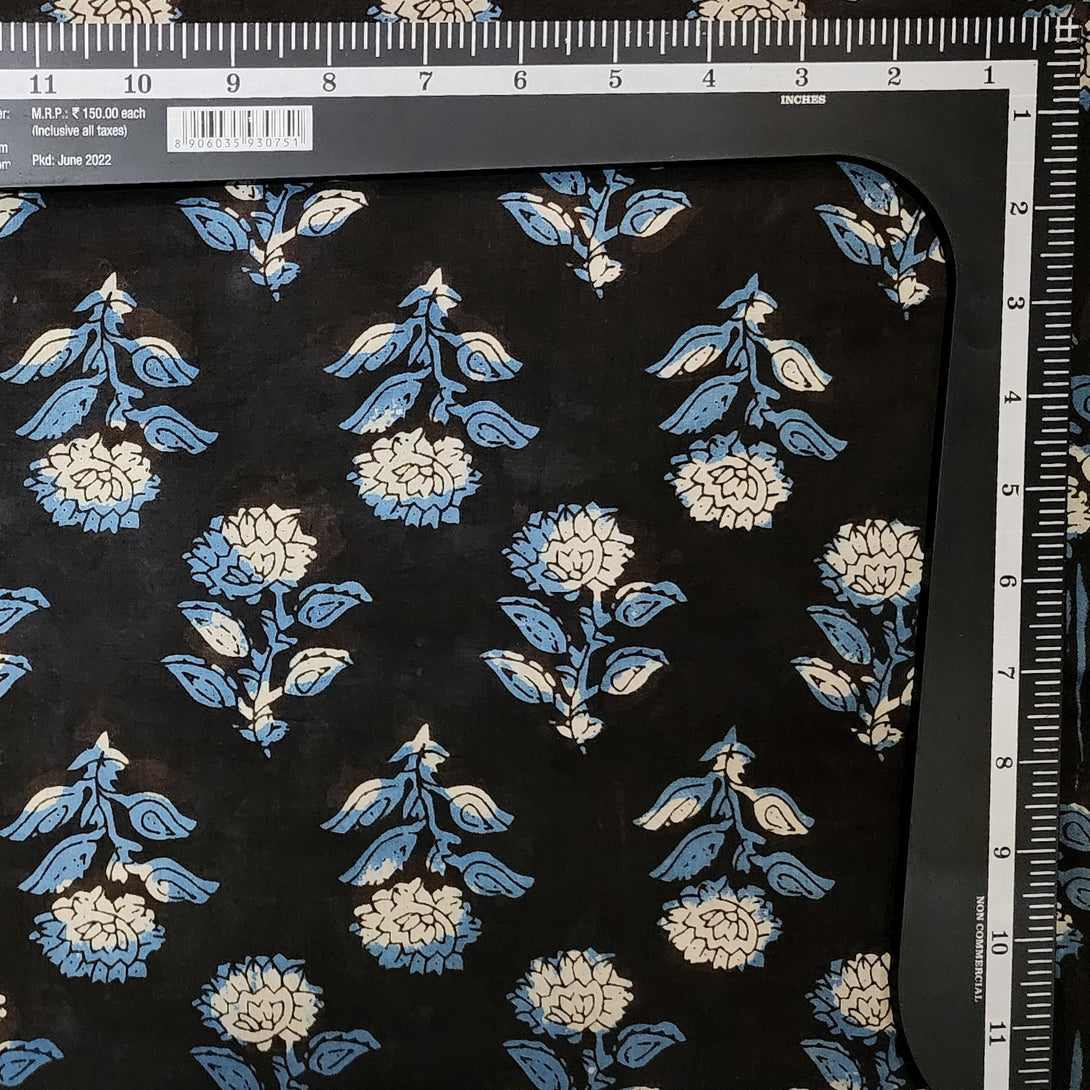 Pure Cotton Bagru Black With Blue Flower Motif Hand Block Print Fabric ...