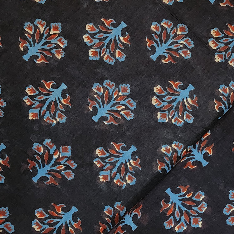 Pure Cotton Bagru Black With Blue Wild Flower Hand Block Print Fabric ...