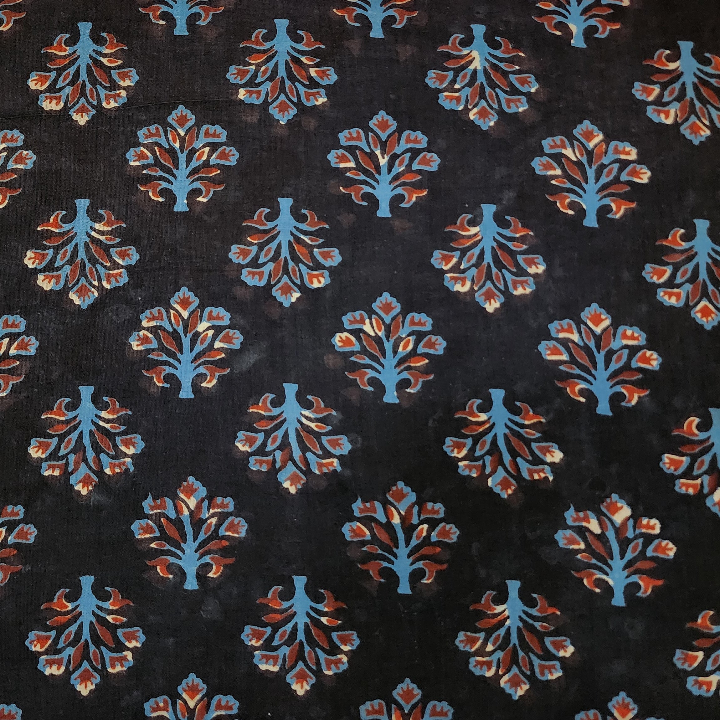 (Pre cut 2.28 Meter )Pure Cotton Bagru Black With Blue Wild Flower Han ...