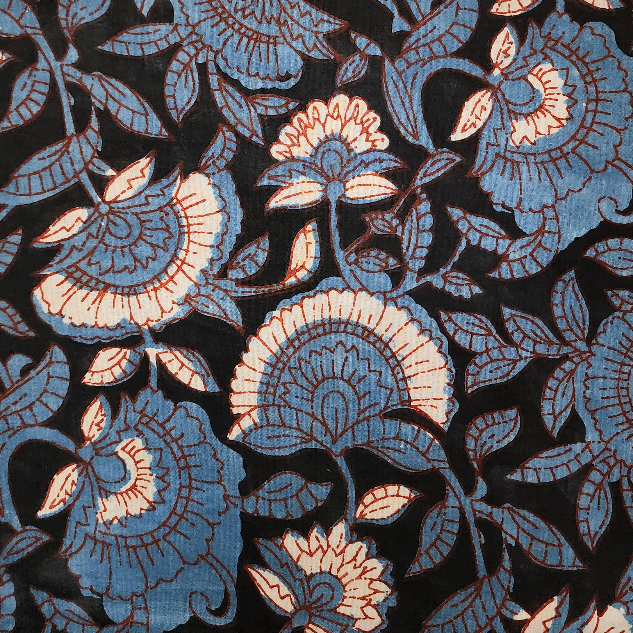 (PRE-CUT 0.1 METER) Pure Cotton Bagru Black With Blue Wild Flower Jaal – Sanskruti