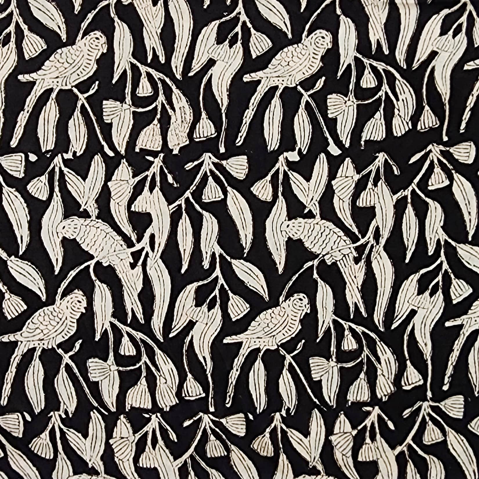 (PRE-CUT 0.95 METER) Pure Cotton Bagru Black With Cream Birds Jaal Han ...