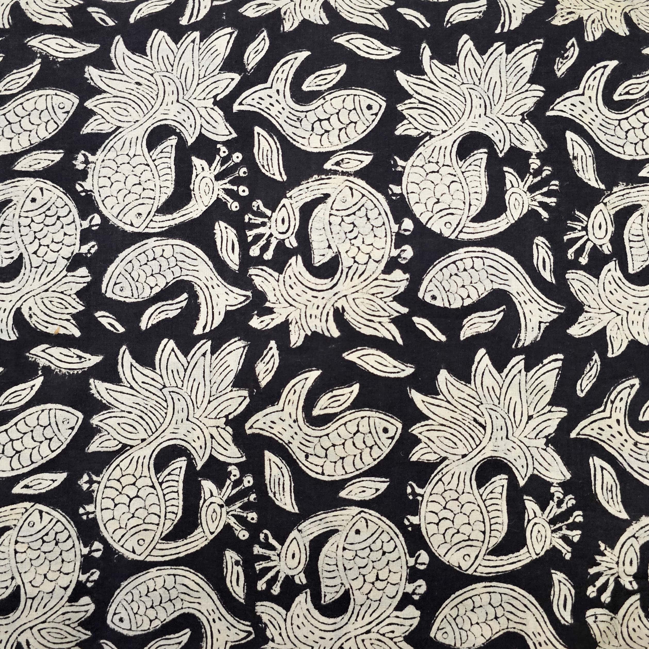 Pure Cotton Bagru Black With Cream Fish Jaal Hand Block Print Fabric ...