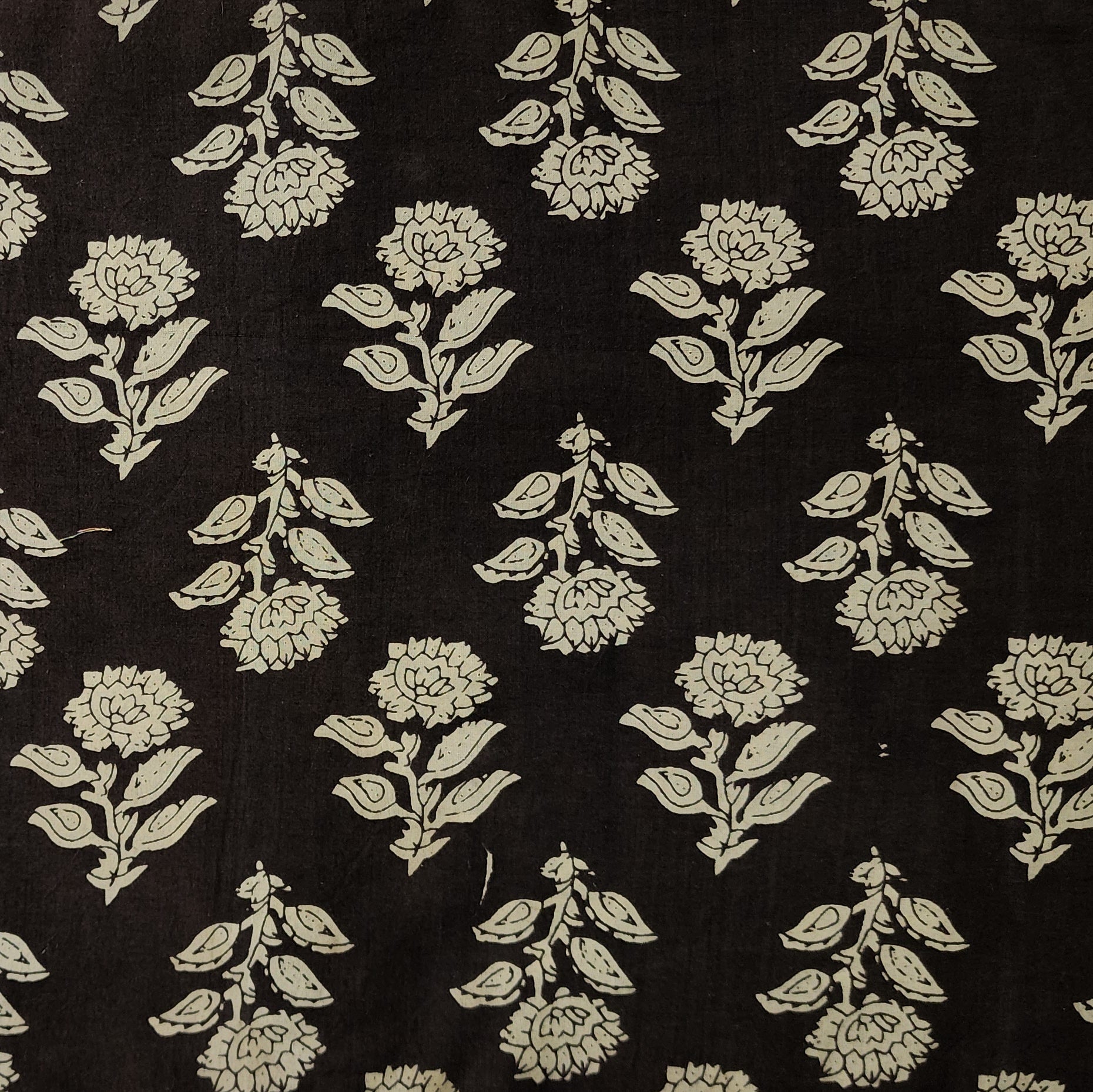 Pure Cotton Bagru Black With Cream Flower Motif Hand Block Print Fabri ...