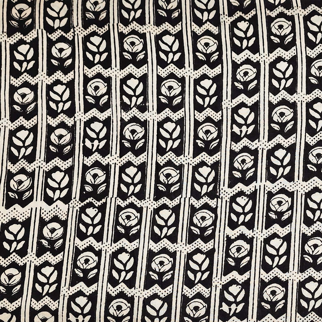 Pure Cotton Bagru Black With Cream Flower Motif Hand Block Print Fabri ...