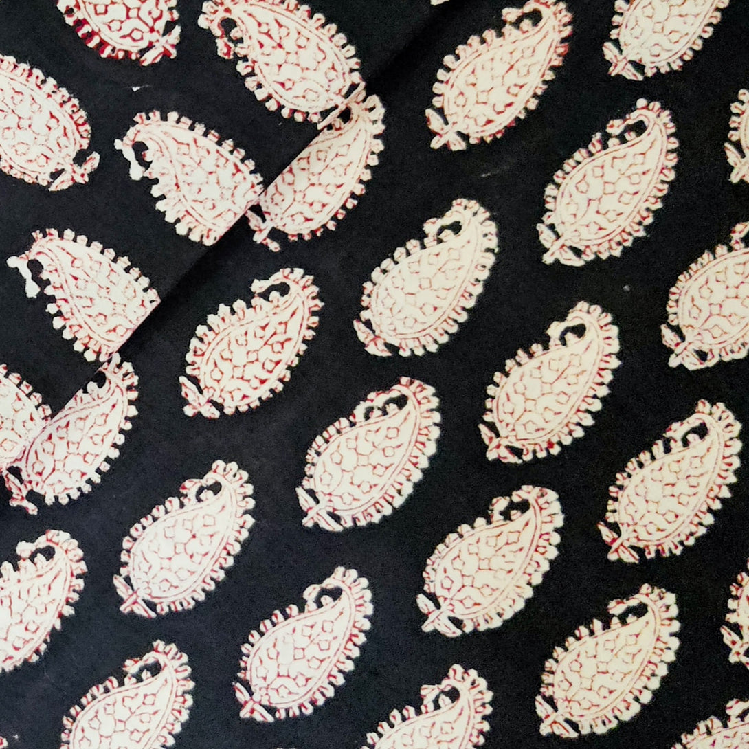 Pure Cotton Bagru Black With Cream Intricate Kairi Motif Hand Block Pr ...