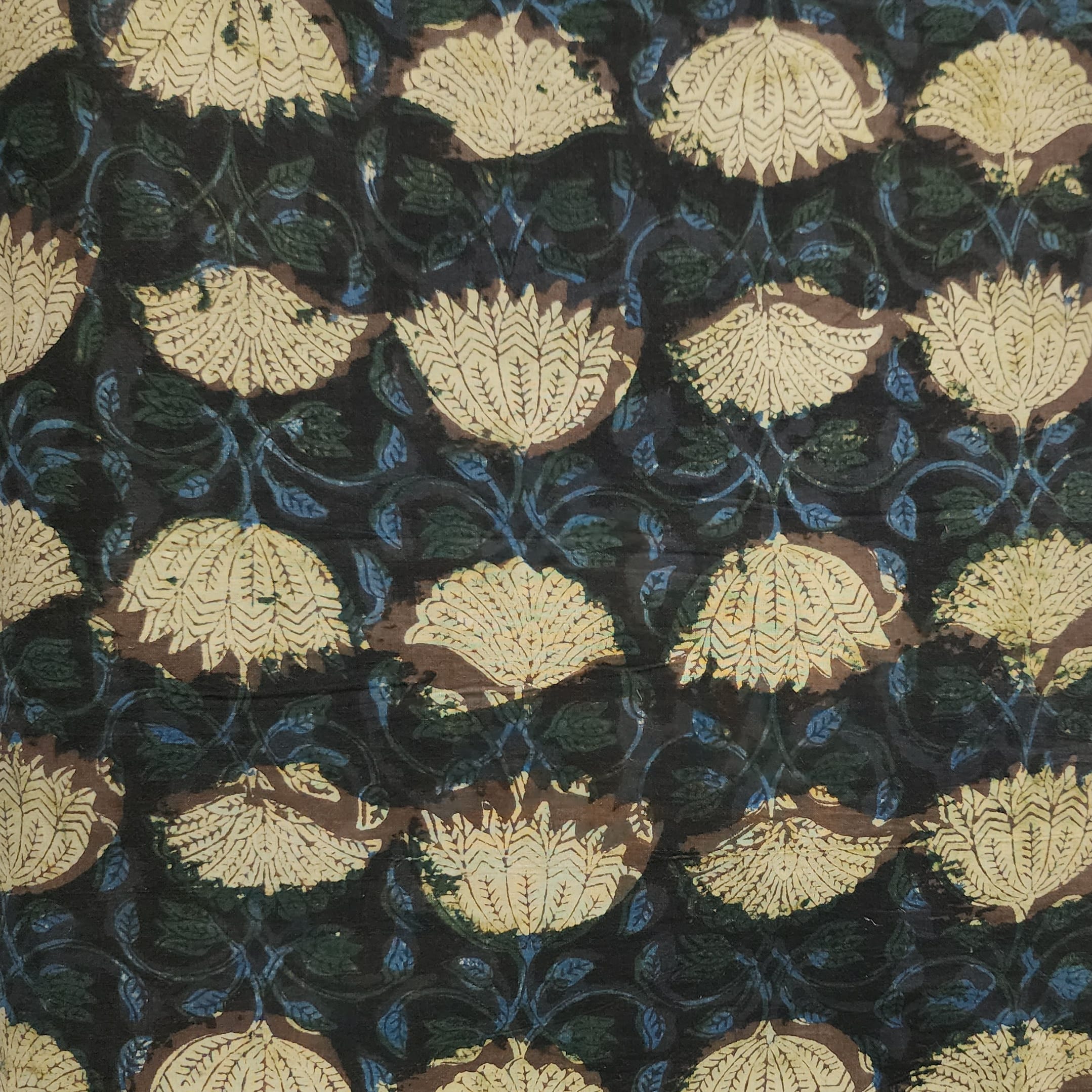 Pure Cotton Bagru Black With Cream Lotus Jaal Hand Block Print Fabric ...