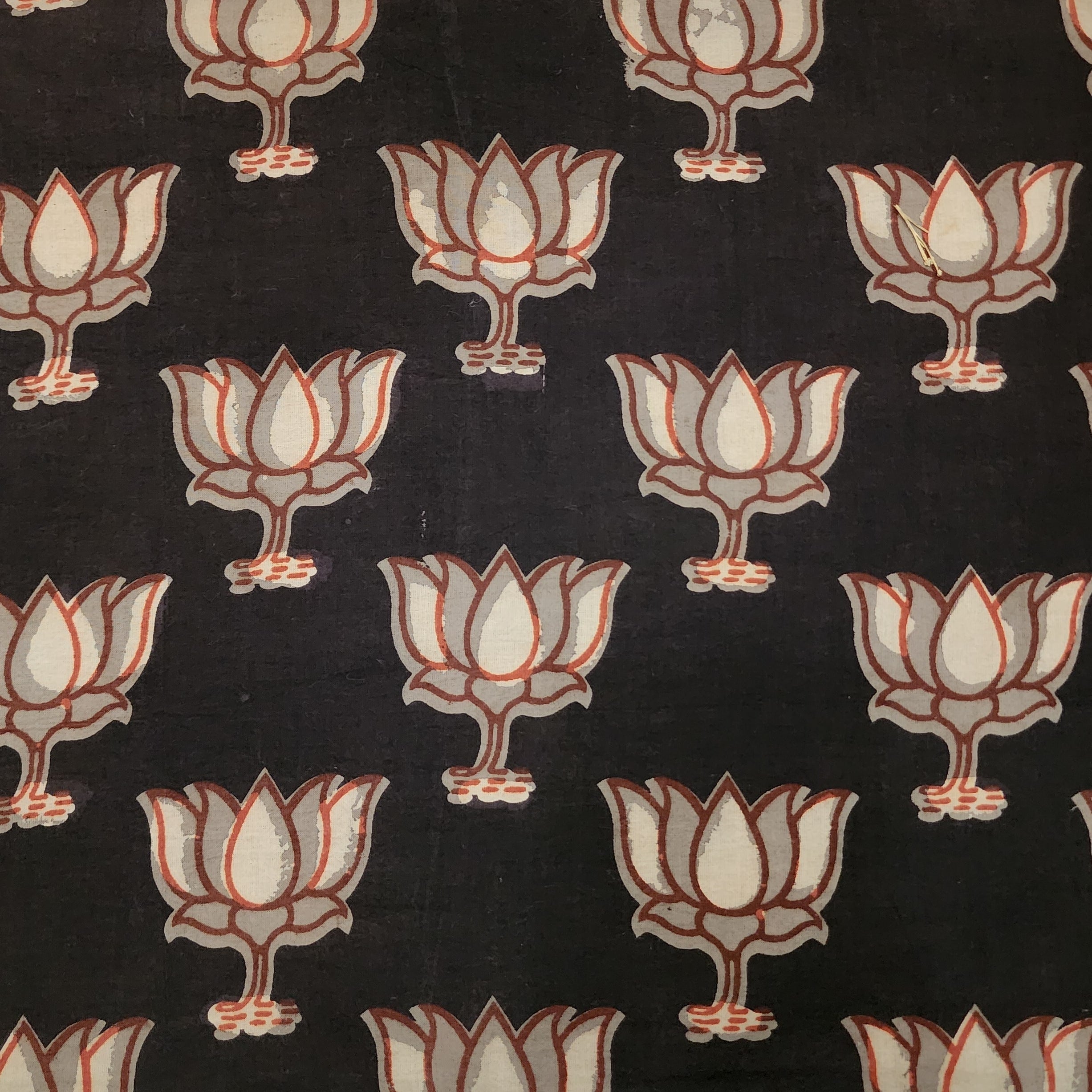 Pure Cotton Bagru Black With Grey Lotus Flower Hand Block Print Fabric ...